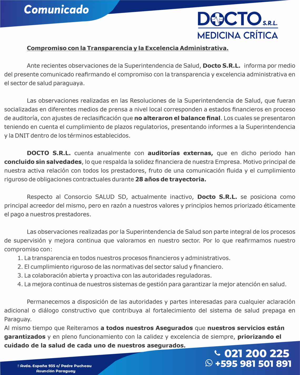 Comunicado a la Opinión Pública – Docto Salud